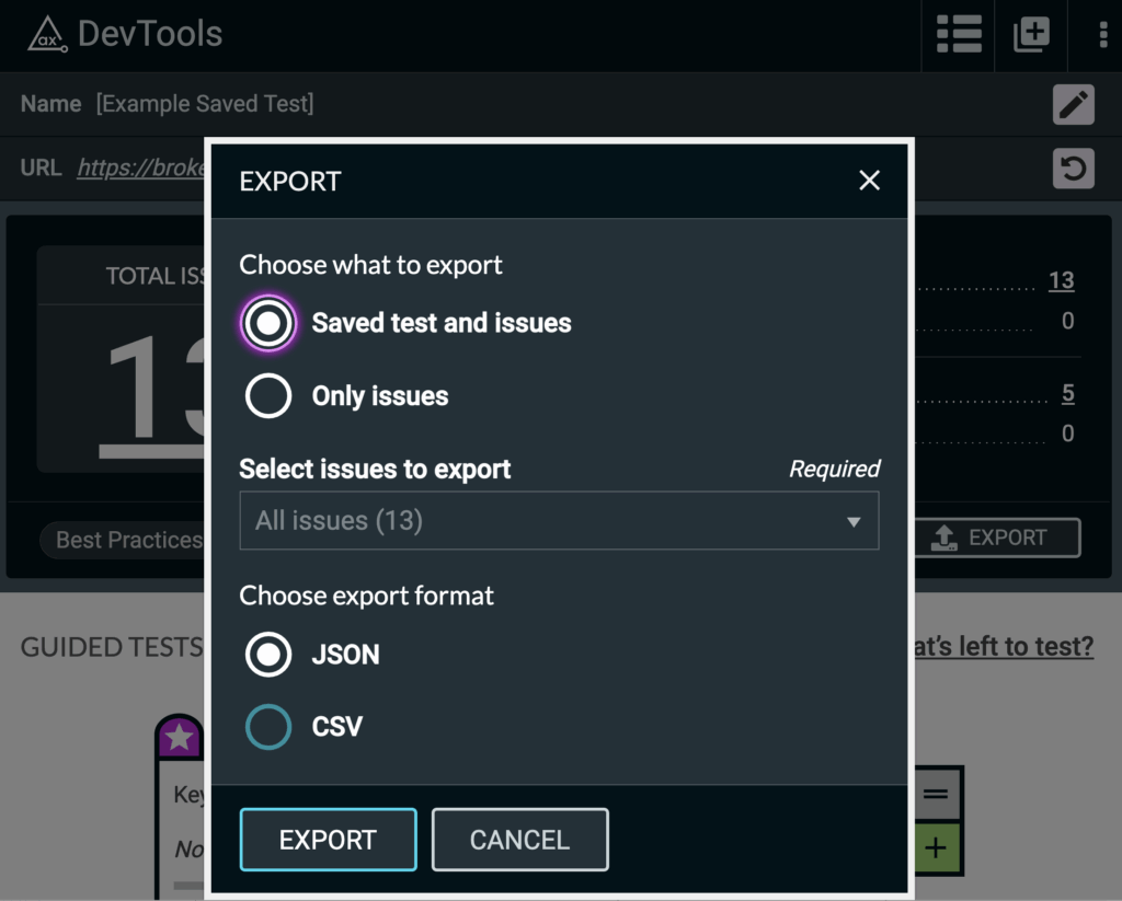Axe DevTools: Export Entire Saved Test | Deque